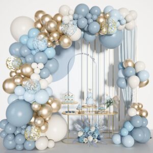 ouddy life 180pcs dusty baby blue balloons arch garland kit, blue baby shower decorations boy with fog blue sand white chrome gold champagne balloons for birthday boho bridal shower party decor