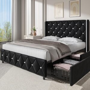 hombck queen bed frame with 4 storage drawers,upholstered bed frame with diamond headboard and footboard, black velvet bed frame with wingback, solid wood slats, black