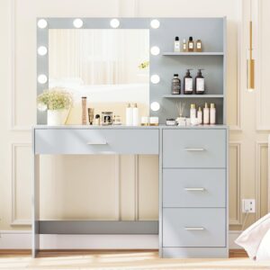 rovaurx makeup vanity table with lighted mirror, makeup vanity desk with storage shelf and 4 drawers, bedroom dressing table, 10 led lights, gray