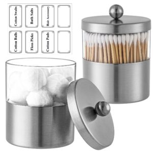 gaussra apothecary jars, qtip holder - stainless steel bathroom jar with stickers - farmhouse decor qtip dispenser for qtips, cotton balls, swabs, makeup sponges (2 pack, brushed nickel)