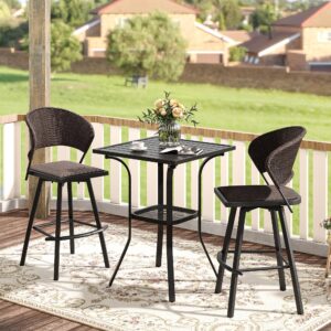 vicllax outdoor patio swivel bar set, 3 pieces set outdoor patio furniture, metal bistro set, patio bar height table and swivel wicker patio bar chairs, brown chairs