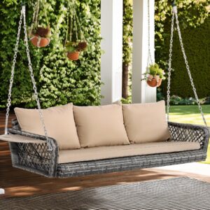 magic union 3-person wicker hanging porch swing, patio outdoor rattan swing bench w/ 3 back cushions & 1 seat cushion, sturdy steel chain for deck, backyard, garden