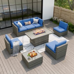 uixe outdoor patio furniture sets with propane fire pit table, 8 pieces wicker patio sectional sofa lounge couch seating pe rattan conversation set includes 45" gas fire table, navy blue