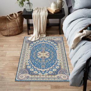 paisley blue area rug 3x5 for entryway, washable low pile soft non silp small rug for bedside