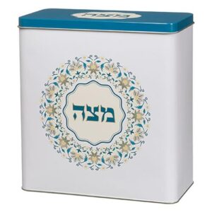 art judaica decorated tin box with lid for storing passover matzah (blue flower), uk49987