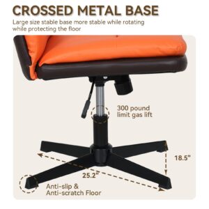 ELECWISH Criss Cross Office Chair, Armless Cross Legged Desk Chair No Wheels, PU Leather Applesauce Office Chair Wide Padded Home Office Chair for Bedroom, Living Room(Orange+Brown)