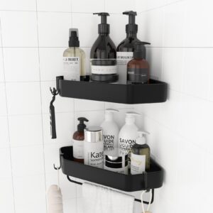 big lighting deals corner shower shelf 2-pack, larger adhesive shower corner caddy for inside shower with hooks and towel bar, corner shower organizer for bathroom, black