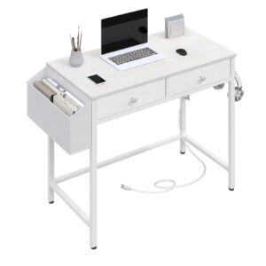 hoobro small white computer desk with power outlet, 32 inch home office computer desk with 2 fabric drawers, study desk for small spaces, with side pocket, for study, living room, white ww42udn01