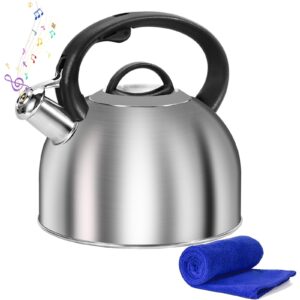 foedo whistling stovetop tea kettle, 3.2qt food-grade 304 stainless steel teapot, ergonomic handle,hot water quick boil,all metal stove kettle rust resistant and durable,with anti-scald towel(silver)