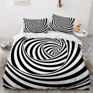 duvet set psychedelic black and white illusion lines swirl complete bedding set microfiber printed design with 2x pillow cases(20"x36") bedding quilt cover with zipper, california king(104"x98")