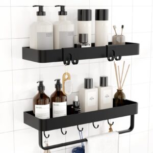 big lighting deals shower caddy with hooks and towel bar, self adhesive shower shelves for bathroom wall, rust proof shower shelf for inside shower, shower organizer, black, no drill, 2 pack