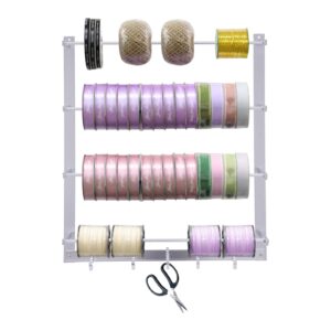 tfcfl wire spool rack, ribbon holder organizer rack ribbon storage organizer, wall mounted ribbon spool storage rack 4 tier with 5 hooks ribbon holder organizer for crafts, silver