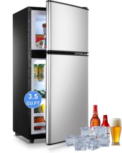 geekman 3.5 cu.ft mini fridge with freezer, double door mini fridger with 7 level adjustable thermostat, mini refrigerator with interior led light, perfect for dorm, office, bedroom＆rv, silver