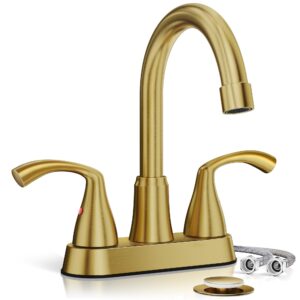 phiestina brushed gold 4 inch centerset 2 or 3 holes bathroom sink faucet, modern vanity faucet with 360 swivel spout, metal pop-up drain and water supply lines, jc180-bg