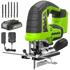 greenworks 24v brushless cordless jig saw,3000 spm,1 inch stroke length jigsaw with 6pcs blades,4 orbital settings,45 degree cutting angle,tool-free blade changing