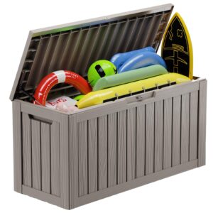 maiuscoli outdoor storage box - resin deck box for waterproof lockable, and doubles as extra seating - perfect for patio furniture, cushions, and garden tools. (grey, 80-gallon)