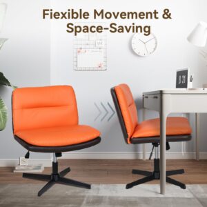 ELECWISH Criss Cross Office Chair, Armless Cross Legged Desk Chair No Wheels, PU Leather Applesauce Office Chair Wide Padded Home Office Chair for Bedroom, Living Room(Orange+Brown)