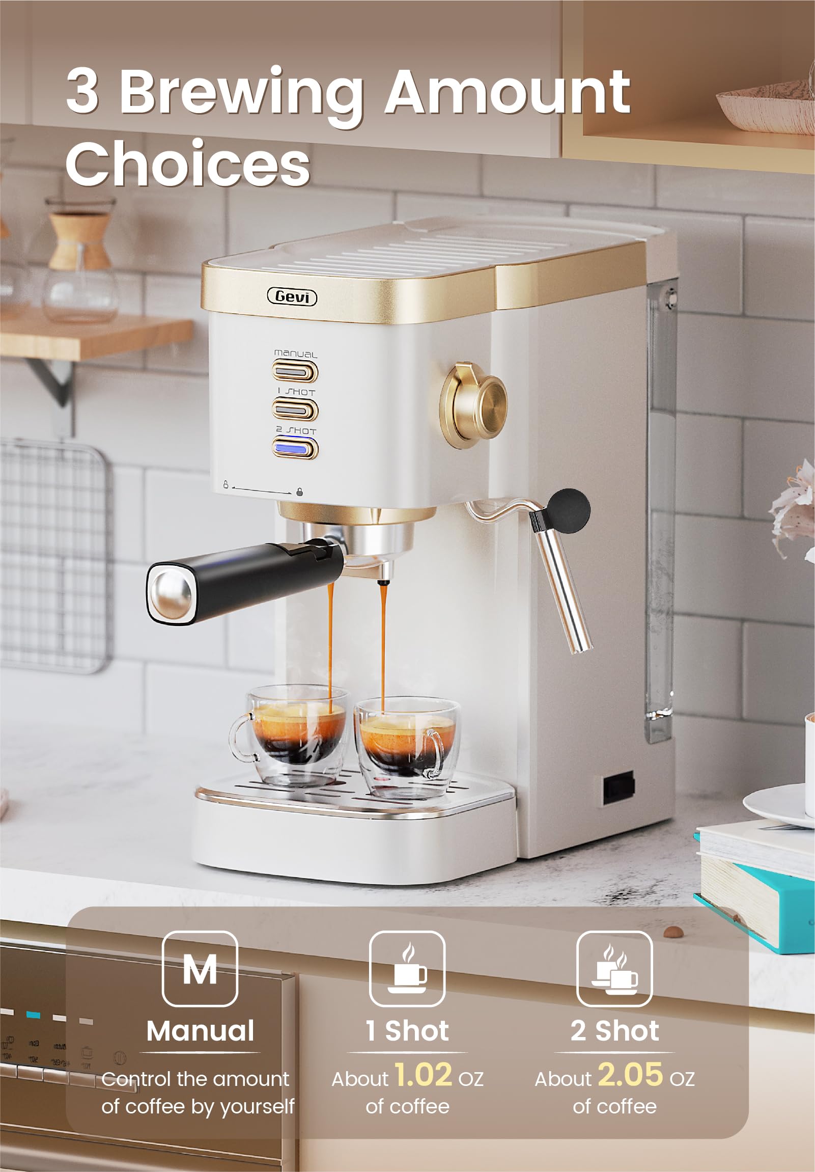 Gevi Espresso Machine 20 Bar High Pressure,Compact Espresso Machines with Milk Frother Steam Wand,Cappuccino & Latte Maker with Volume Control for Home,Espresso Maker，Gift for Coffee Lover