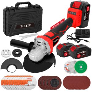 tiktik 5" cordless angle grinder,10000prm battery powered grinder w/ 2 * 4.0ah battery and charger,brushless metal grinder w/cutting wheel,flap wheel,wool carving wheel,for polishing & flip disk