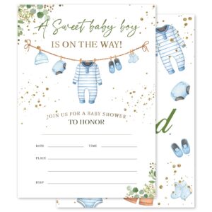 whaline 25 sets boy baby clothes baby shower party invitations with envelopes stickers blue cute party invitation paper cards fill-in invites for birthday gender reveal party supplies, 5 x 7 inch