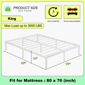 Cieemine 12 Inch White King Size Bed Frame, Heavy Duty King Size Platform Bed Frame, Mattress Foundation, No Box Spring Needed, Easy Assembly, Noise-Free