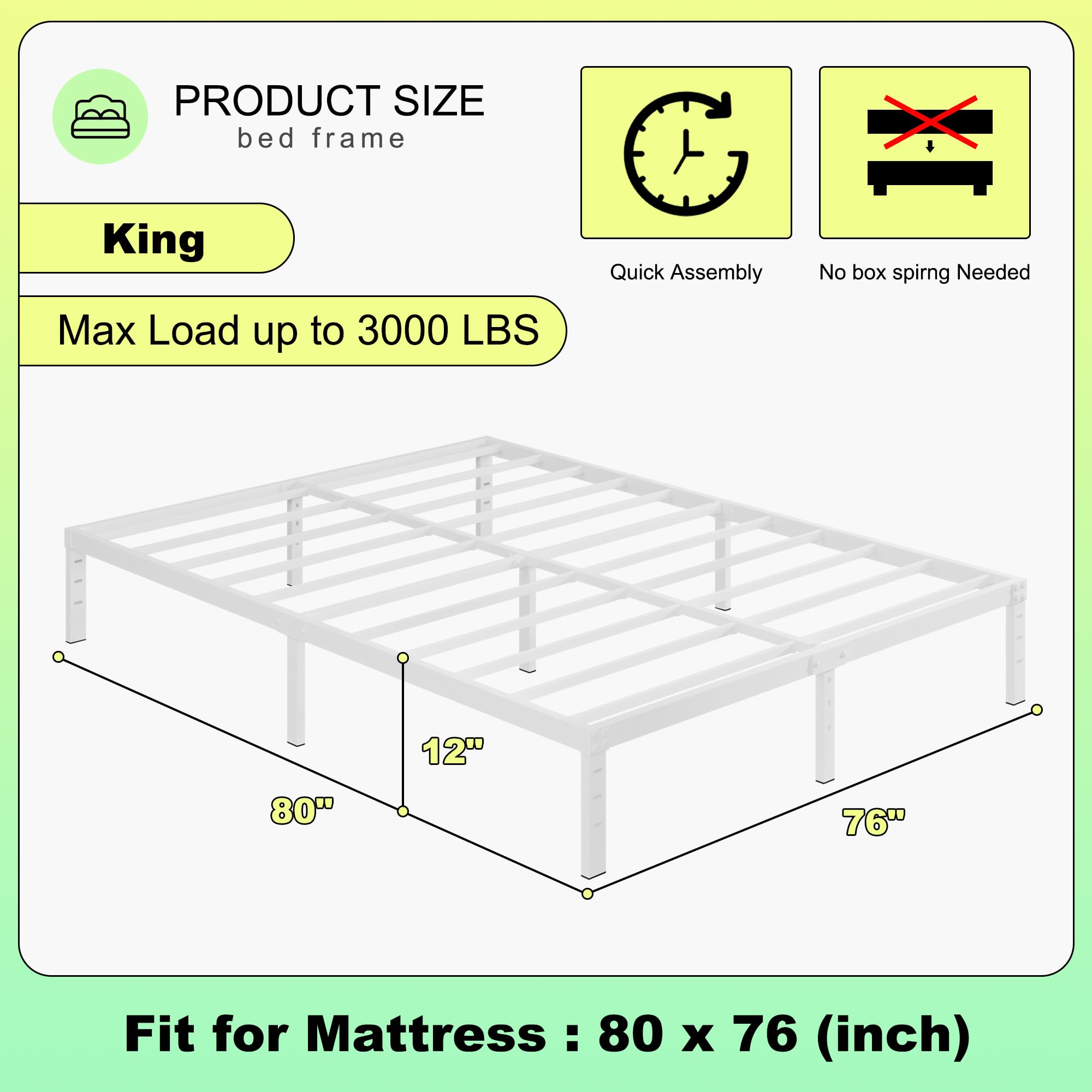 Cieemine 12 Inch White King Size Bed Frame, Heavy Duty King Size Platform Bed Frame, Mattress Foundation, No Box Spring Needed, Easy Assembly, Noise-Free