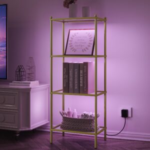 hzuaneri bookcase bookshelf with led lighting, tempered glass bookshelves, 8 levels of brightness and 20 colors, slim shelving unit for bedroom bathroom, home office, steel frame, 5 tier gold bc23599a