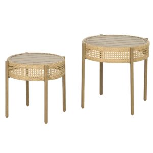 outsunny 2 piece wicker patio table set, pe rattan end table set, outdoor round coffee table set, multi-functional, slatted metal top, brown