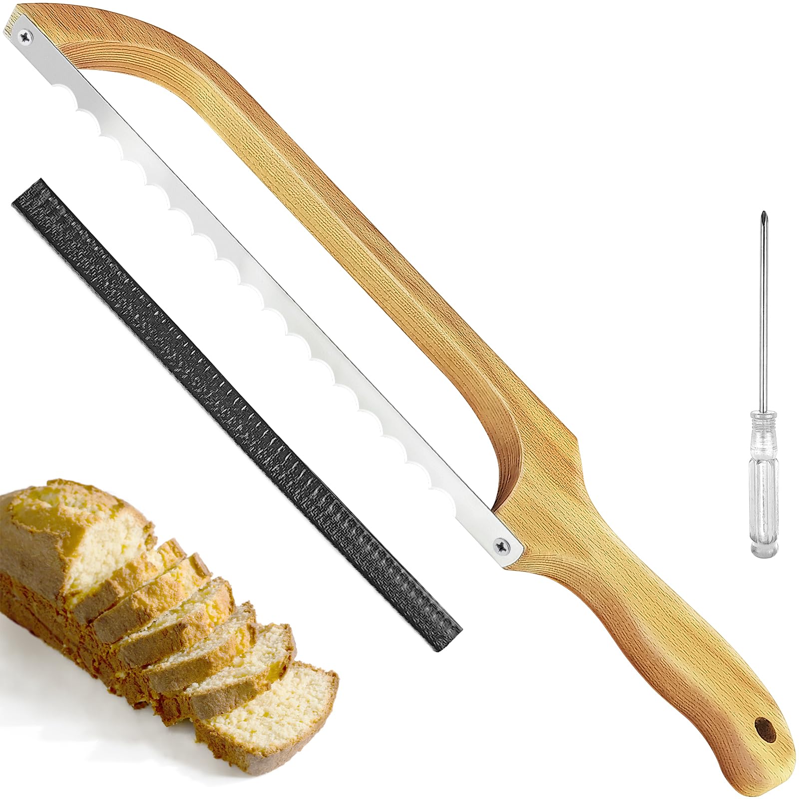 ROSROSE Bread Knife, 16’’ Wooden Bread Bow Knife, Sourdough Bread Knife for Homemade Bread, Serrated Bread Slicer Cutter with Guard, Enhanced Premium Stainless Steel Saw, Right-Handed, Beech