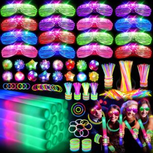 olupp 150 pcs glow in the dark party supplies, 16 pcs foam glow sticks, 16 pcs led glasses, 100 pcs glow sticks and 18 pcs finger lights for glow party, wedding, birthday, concert, birthday, new year