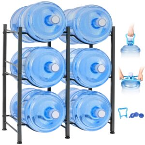 klvied 5 gallon water jug holder, 3 tier water jug rack, water jug stand for 5 gal water bottle, water jug stand, heavy duty water gallon holder for 6 bottles with lifter and 5 gallon water jug cap