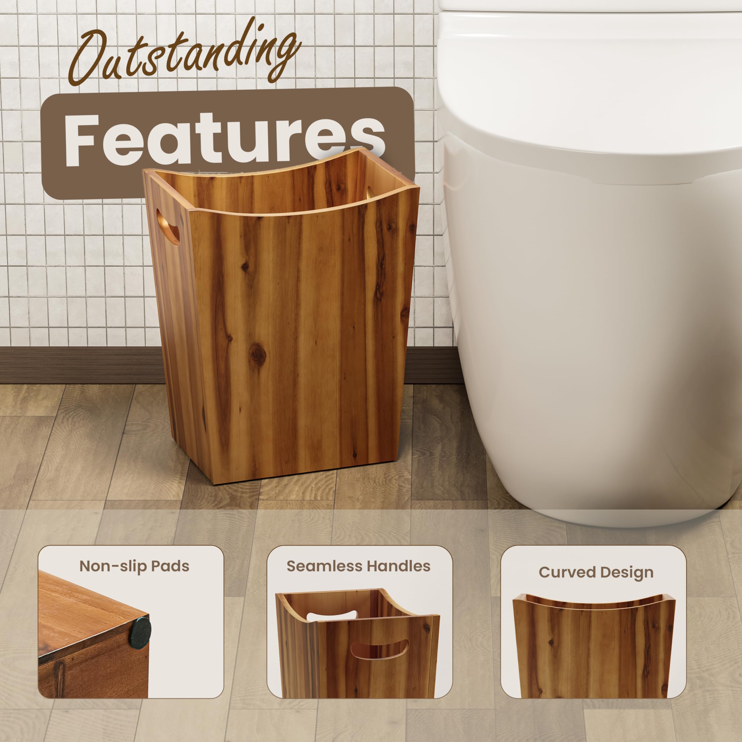 Tidita 2 Gallons Wastebaskets- Wooden Waste Basket with Handles -Small Trash Can for Bedroom, Spa Bathroom Decor, Kitchen, Living Room, Office - Trash Bin for Under Sink, Garbage Can (Acacia Wood)