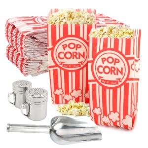 203 pcs popcorn machine supplies set, 200 pcs popcorn paper bags with popcorn scoop, 2pcs season salt shaker, popcorn supplies for popcorn machine