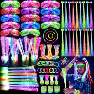 olupp 148 pcs glow in the dark party supplies, 16 pcs glow fiber optic wands, 14 pcs led glasses, 100 pcs glow sticks and 18 pcs led hair clips fiber optic for glow party, wedding, concert, birthday