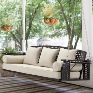 yalissey 3 seat hanging porch swing, patio swing bench with tea trays & 3 back cushions, swing chair with chains for deck garden backyard (beige)