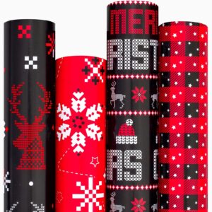 merture red and black christmas wrapping paper set, pixel christmas gift paper jumbo roll with reindeer, snowflake, christmas text, santa hat, buffalo plaid - 4 rolls - 30 in x 10 ft per roll