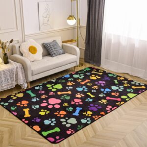 aimuan colorful dog paw print area rug nursery soft fun puppy dog decor bones rugs cute flannel floor for living bedroom (4x6 feet, black)