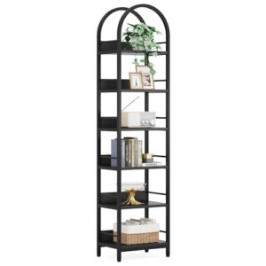 little tree 6-tier open bookshelf, 78.7" tall arched bookcase, black wooden bookshelf with metal frame, freestanding narrow bookcase display shelves for living room, bedroom, office