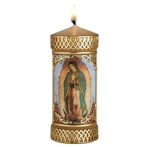 small our lady of guadalupe devotional candle with gold toned wax details, 4 ¾ inches