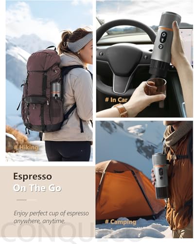 CONQUECO Portable Espresso Coffee Machine: 12V Electric Small Travel Expresso Maker - Self Heating 8 Cups Battery Powered Compatible for Nespresso Capsule - for Camping RV Hiking Office (w/Handbag)