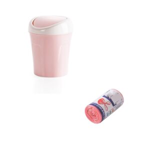 aisibo plastic mini desktop trash can with trash bags, tiny wastebasket small garbage waste bin with swing lid for tabletop table office kitchen bedroom bathroom (pink)