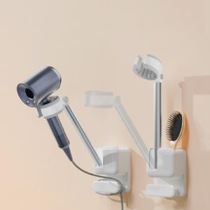 dlenp adjustable hands free hair dryer holder, wall mounted blow dryer stand rack with cable hanger, flexible lazy hair dryer holder bathroom organizer