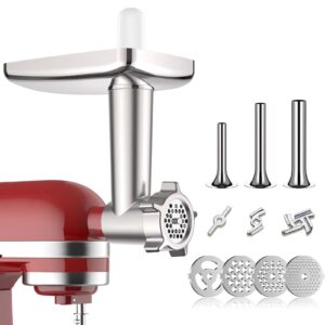 metal food grinder attachments for kitchenaid stand mixers, meat grinder, sausage stuffer, meat grinder for kitchenaid mixer, includes 4 grinding plates, 3 sausage stuffer tubes, 3 grinding blades