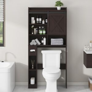 over the toilet storage cabinet, farmhouse storage cabinet over toilet with sliding barn door & toilet paper holder stand，home space-saving toilet rack, for bathroom, restroom, laundry