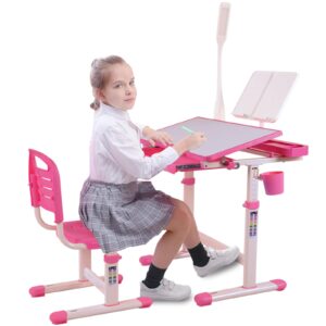 napfox desk for kids desk and chair set kids art desk drafting table desk set with adjustable height, 40-degree tiltable children desktop, led light,bookstand,pink