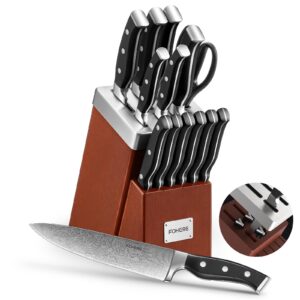 knife block set, fohere 14 pieces razor-sharp self sharpening knife set, high carbon stainless steel waved pattern knife set with block, rust & stain resistant kitchen knives and triple riveted handle