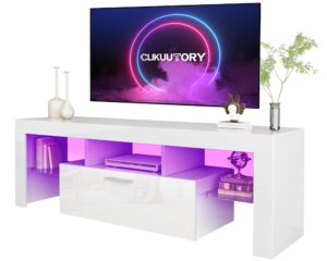 clikuutory white led tv stand with large storage drawer for 32 40 50 55 inch tvs, modern high gloss tv console table with entertainment center for living room, bedroom, white