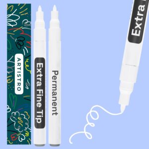 artistro 2 white permanent marker - waterproof markers for fabric, rocks, glass, wood, paper - oil based paint pens - extra-fine tip 0.7mm