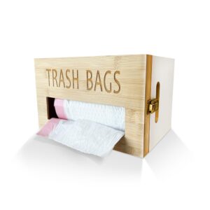 bazt - wall-mounted bamboo trash bag dispenser organizer - extra large garbage bag roll holder for kitchen - trash bag holder