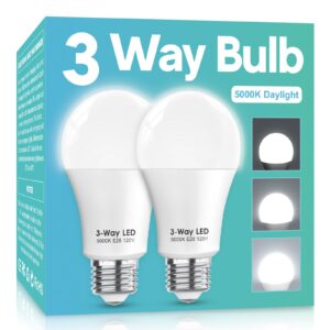 gonhom 3 way led light bulbs 50 100 150w equivalent, daylight white 5000k 3 way light bulbs, a19 three way light bulbs,e26 base 3-way light bulbs for reading,living room-2 pack